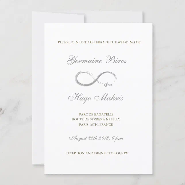 Infinity sign white gray gold elegant wedding invitation | Zazzle