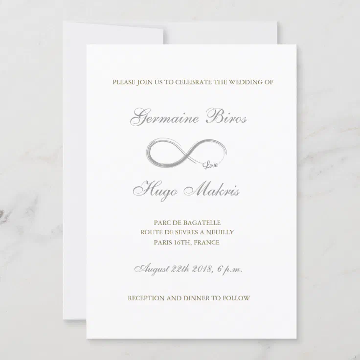 Infinity sign white gray gold elegant wedding invitation | Zazzle