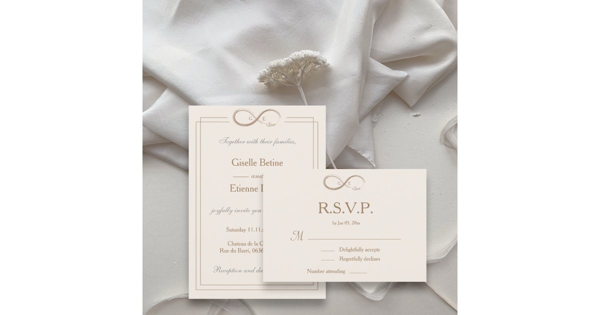 Infinity Symbol Monogram Champagne Wedding RSVP Invitation | Zazzle