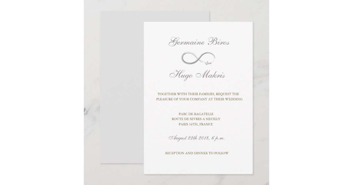 Infinity symbol white gray gold elegant wedding invitation | Zazzle