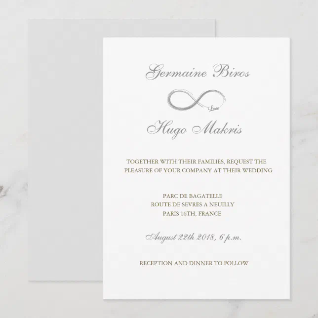 Infinity symbol white gray gold elegant wedding invitation | Zazzle