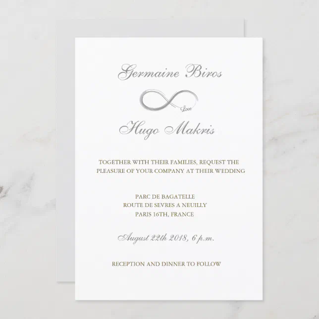 Infinity symbol white gray gold elegant wedding invitation | Zazzle