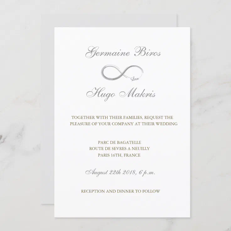 Infinity symbol white gray gold elegant wedding invitation | Zazzle
