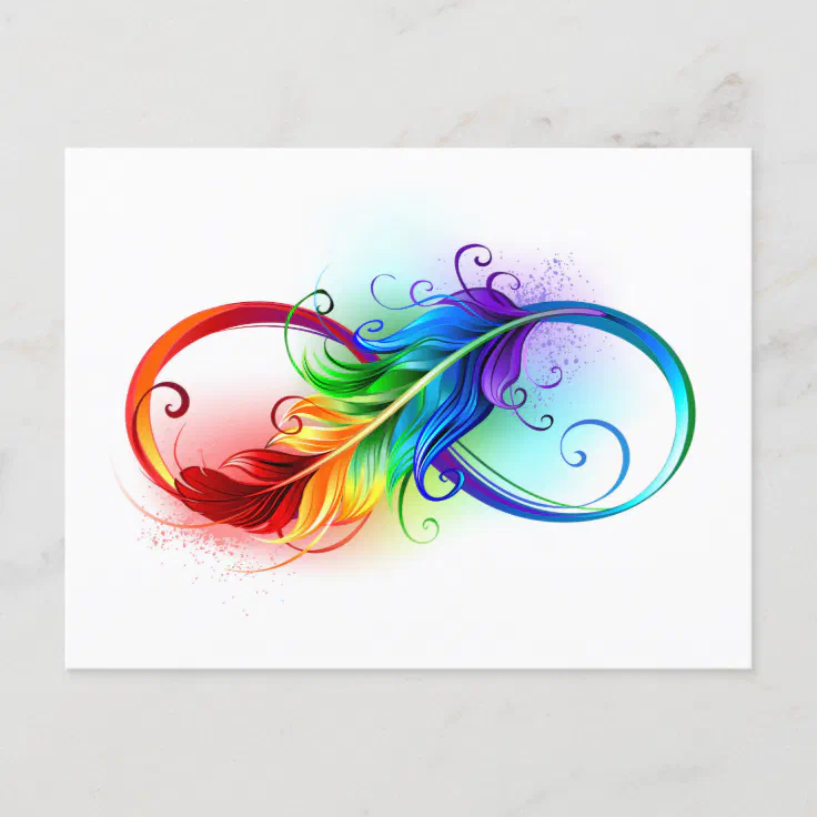 Infinity Symbol with Rainbow Feather Holiday Postcard | Zazzle