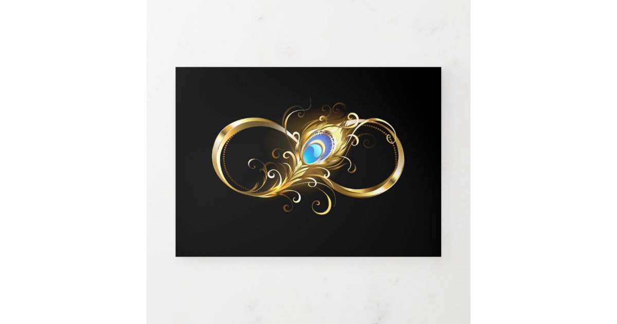Infinity with Golden Peacock Feather Tri-Fold Invitation | Zazzle