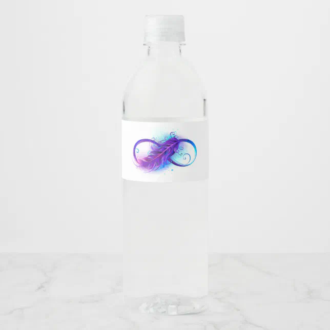 Infinity with Purple Feather Water Bottle Label | Zazzle