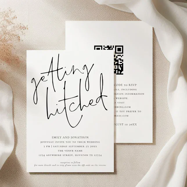 Informal Getting Hitched Script QR Wedding Invitat Invitation | Zazzle