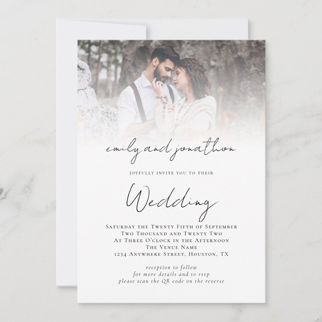 Informal Script QR Code Photo Overlay Wedding Invitation | Zazzle