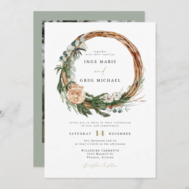 INGE Scandinavian Winter Christmas Wreath Wedding Invitation | Zazzle