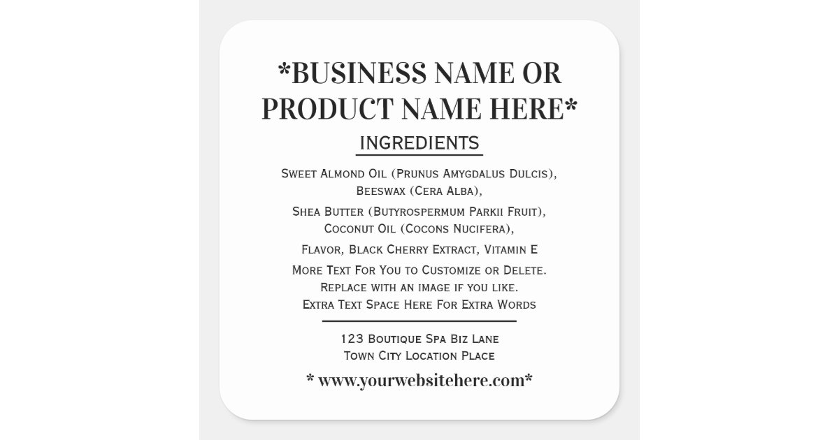 Ingredients Label White Black Square | Zazzle