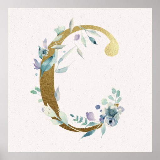 Initial C Golden and Blue Floral Monogram Poster | Zazzle