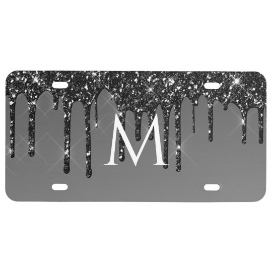 Initial Drip Glitter Black Grey License Plate | Zazzle.com