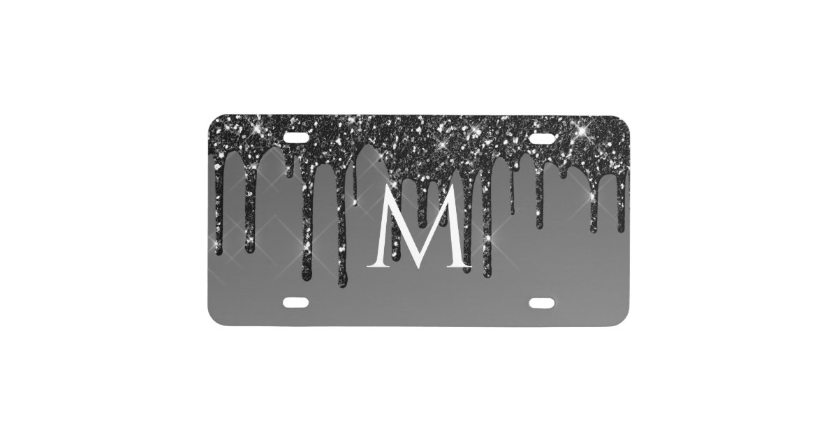 Initial Drip Glitter Black Grey License Plate | Zazzle