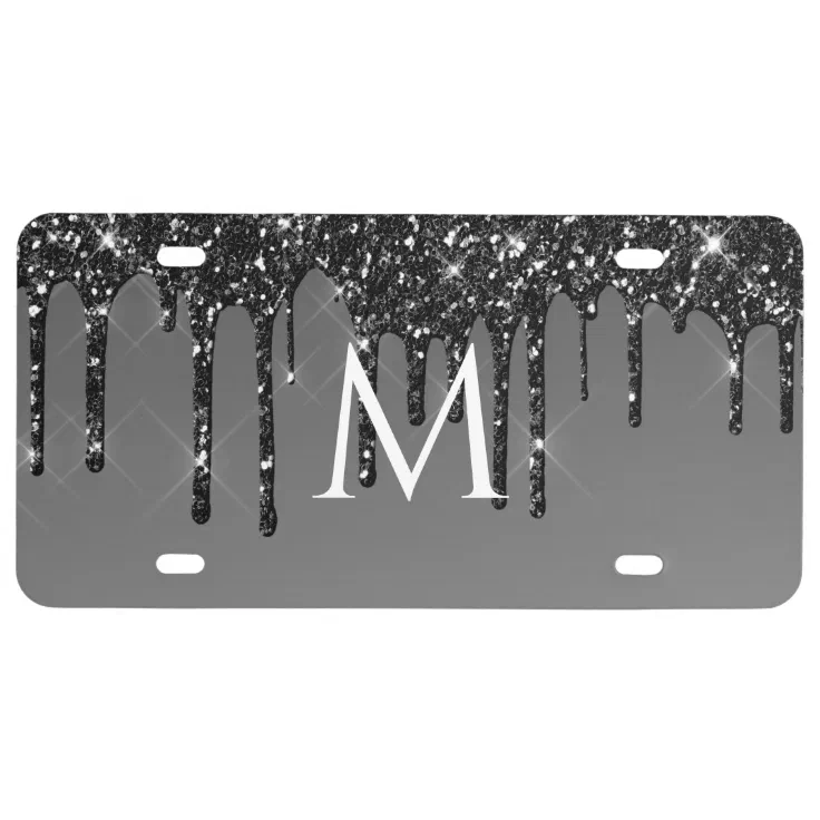 Initial Drip Glitter Black Grey License Plate | Zazzle