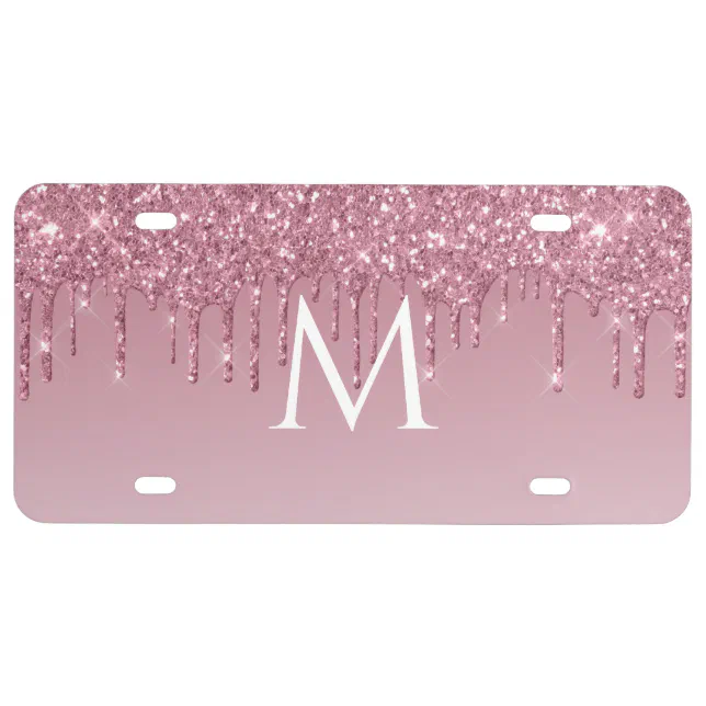 Initial Drip Glitter Blush Pink License Plate | Zazzle