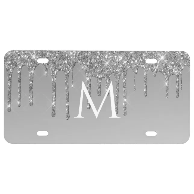 Initial Drip Glitter Silver Grey License Plate | Zazzle