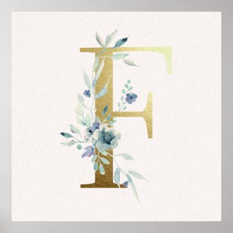 Initial F Golden and Blue Floral Monogram Poster | Zazzle