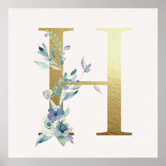 Initial H Golden and Blue Floral Monogram Poster | Zazzle.com