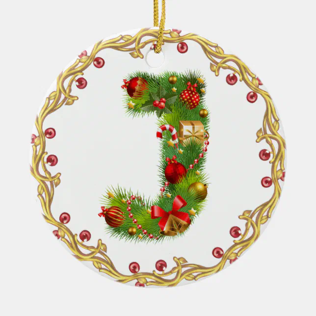 initial J monogrammed christmas ornament - circle | Zazzle