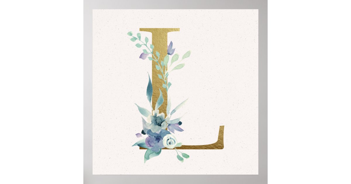 Initial L Golden and Blue Floral Monogram Poster | Zazzle