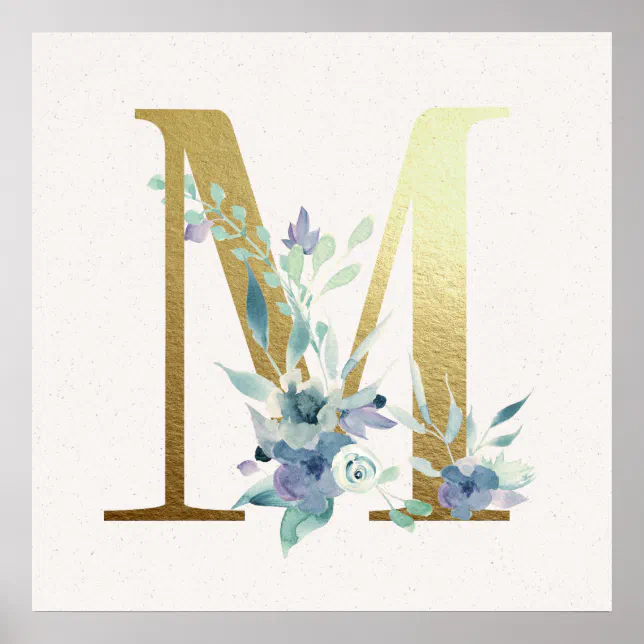 Initial M Golden and Blue Floral Monogram Poster | Zazzle