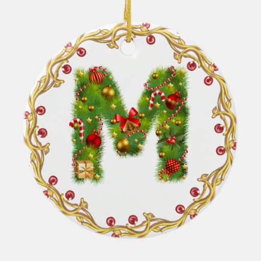 initial M monogrammed christmas ornament - circle | Zazzle