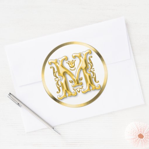 Initial M Round Sticker in Gold | Zazzle