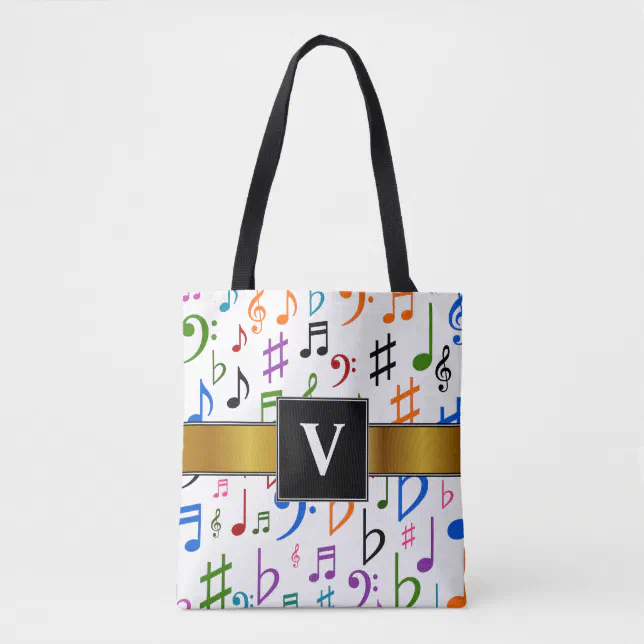 Initial + Many Colorful Music Notes and Symbols Tote Bag | Zazzle