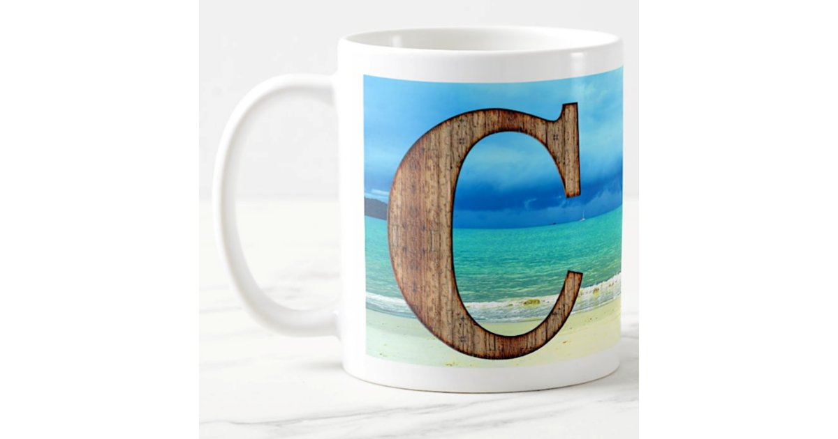 Initial Monogram Wooden Letter C Beach Ocean Scene Coffee Mug | Zazzle