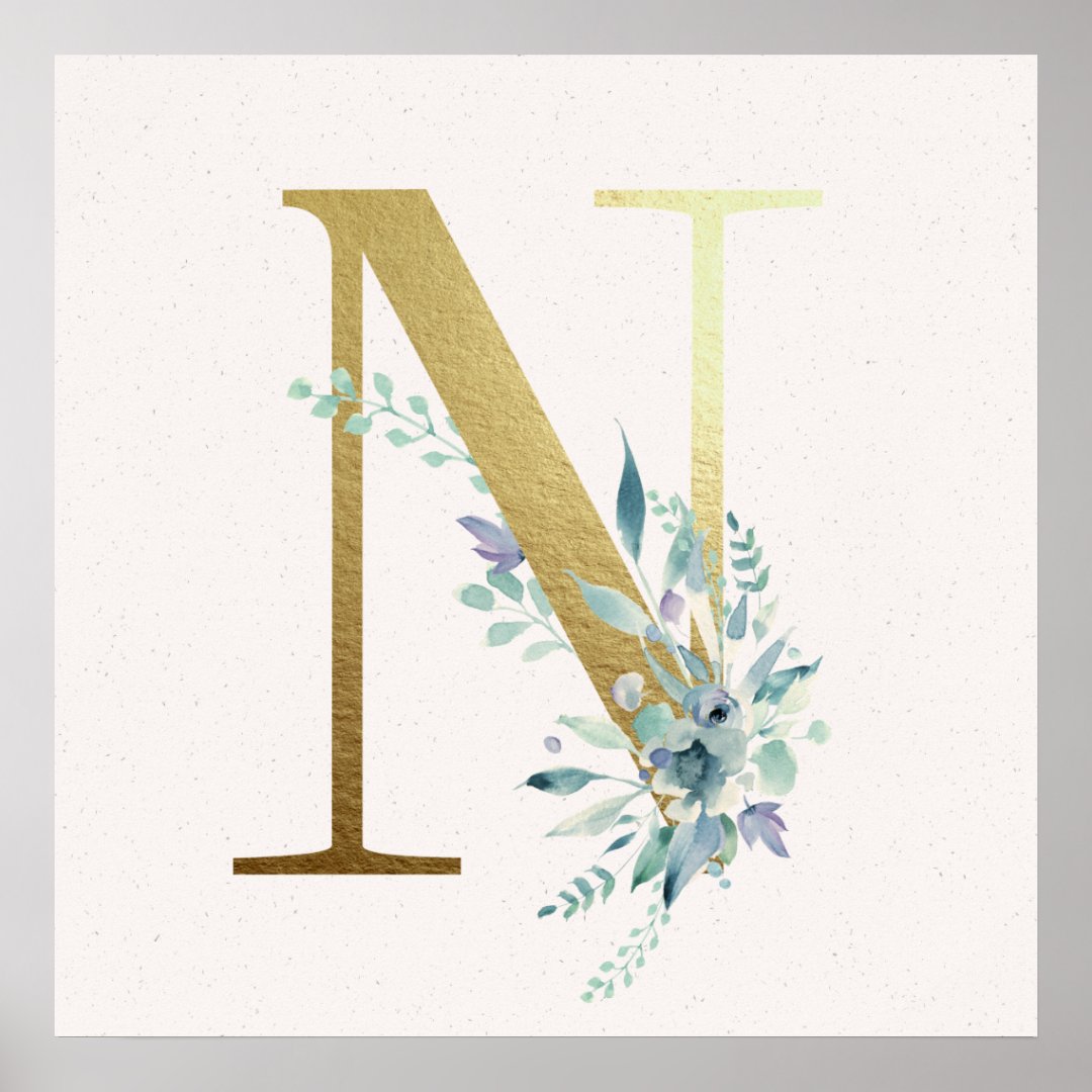Initial N Golden and Blue Floral Monogram Poster | Zazzle