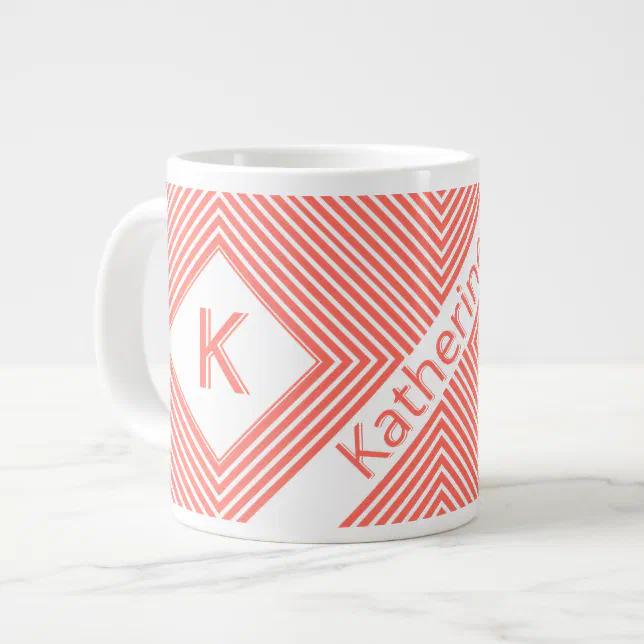 Initial Name | Funky Diagonal Coral/White Stripes Giant Coffee Mug | Zazzle