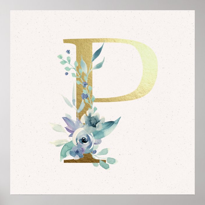 Initial P Golden and Blue Floral Monogram Poster | Zazzle.com