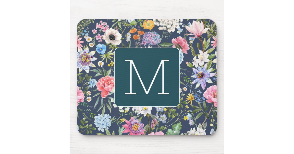 Initial Pretty colorful illustration floral Navy Mouse Pad | Zazzle