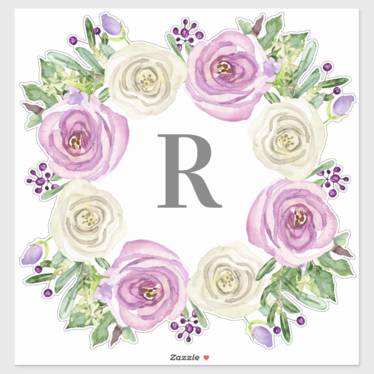 Initial R Watercolor Purple n White Floral Wreath Sticker | Zazzle