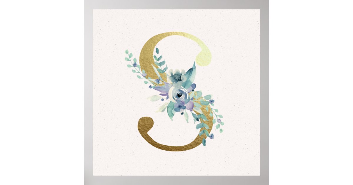 Initial S Golden and Blue Floral Monogram Poster | Zazzle