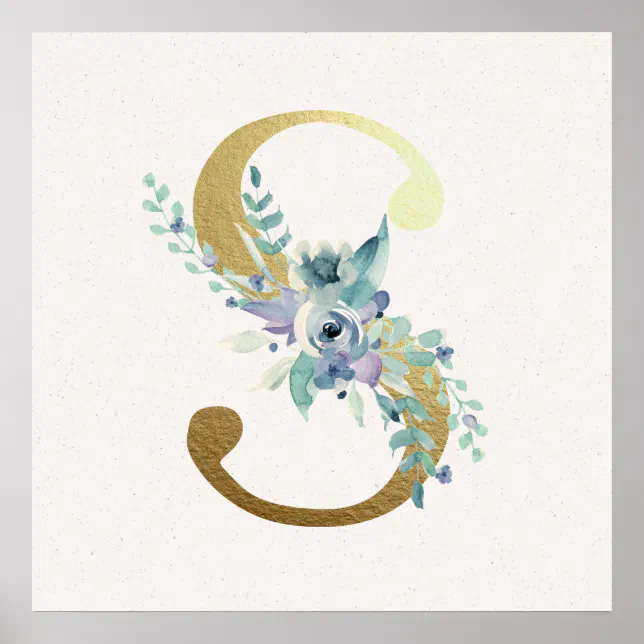 Initial S Golden and Blue Floral Monogram Poster | Zazzle