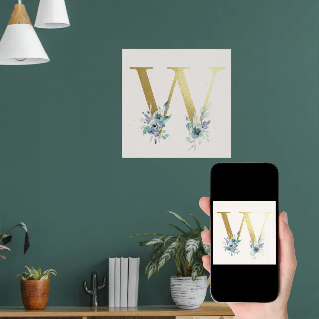 Initial W Golden and Blue Floral Monogram Poster | Zazzle