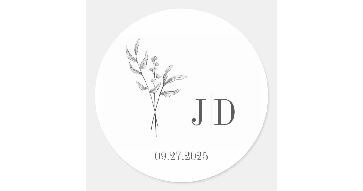 Initials & Date Elegant Minimalist Wedding Classic Round Sticker | Zazzle