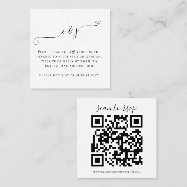 Initials Script QR Code Wedding Black White RSVP E Enclosure Card | Zazzle