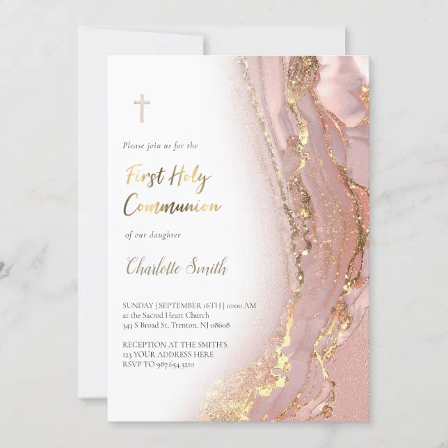 ink marble | First Holy Communion girl Invitation | Zazzle