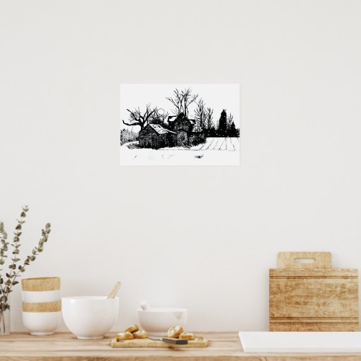 Ink Sketch Old Farm Winter Scene Poster | Zazzle