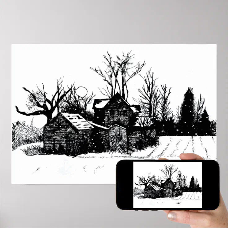 Ink Sketch Old Farm Winter Scene Poster | Zazzle
