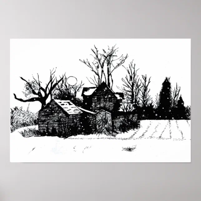 Ink Sketch Old Farm Winter Scene Poster | Zazzle