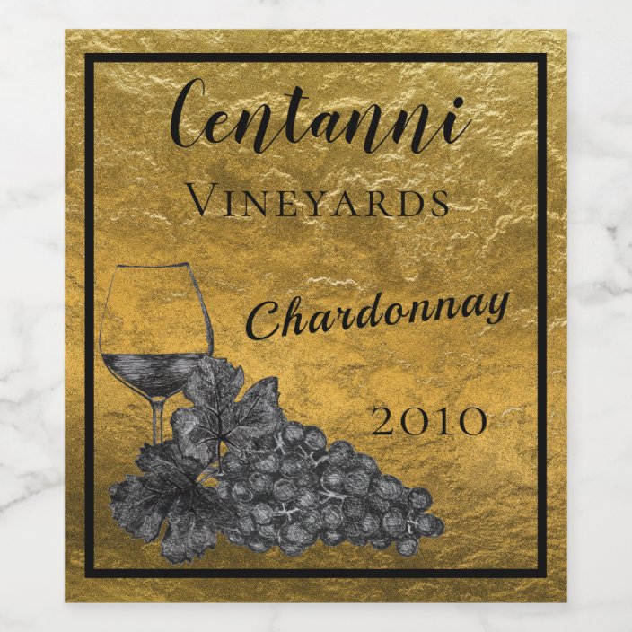 Ink Wine Glass Grapes Gold Background Wine Label | Zazzle.com