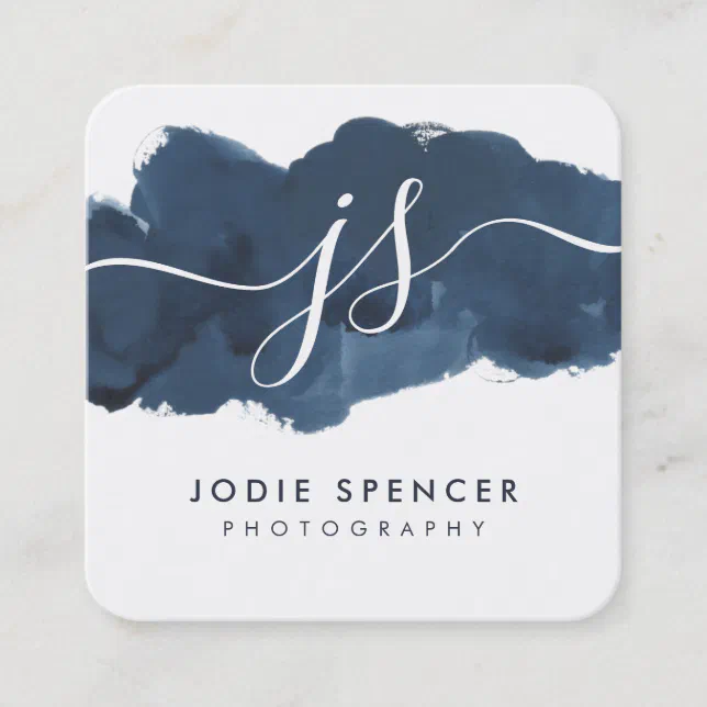 INKED LOGO elegant initial dark blue ink Square Business Card | Zazzle