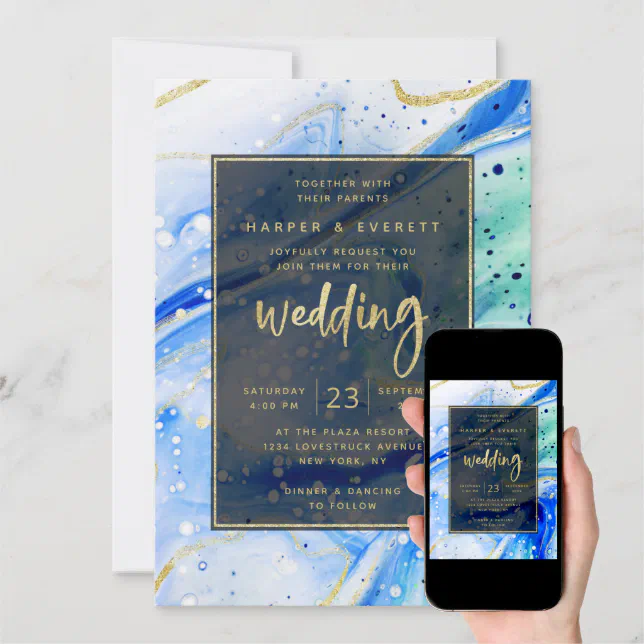 Inky Splash Blue Marble with Gold foil Wedding Invitation | Zazzle