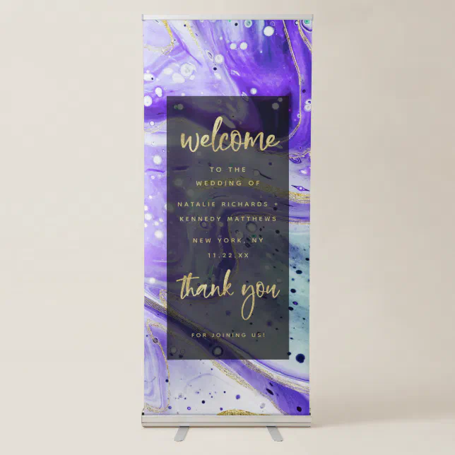 Inky Splash Purple Marble Gold Wedding Welcome Retractable Banner | Zazzle