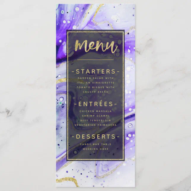 Inky Splash Purple Marble with Gold foil Dinner Menu | Zazzle