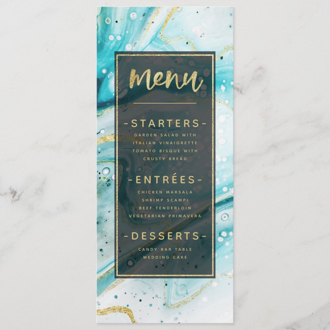 Inky Splash Teal Marble with Gold foil Dinner Menu | Zazzle