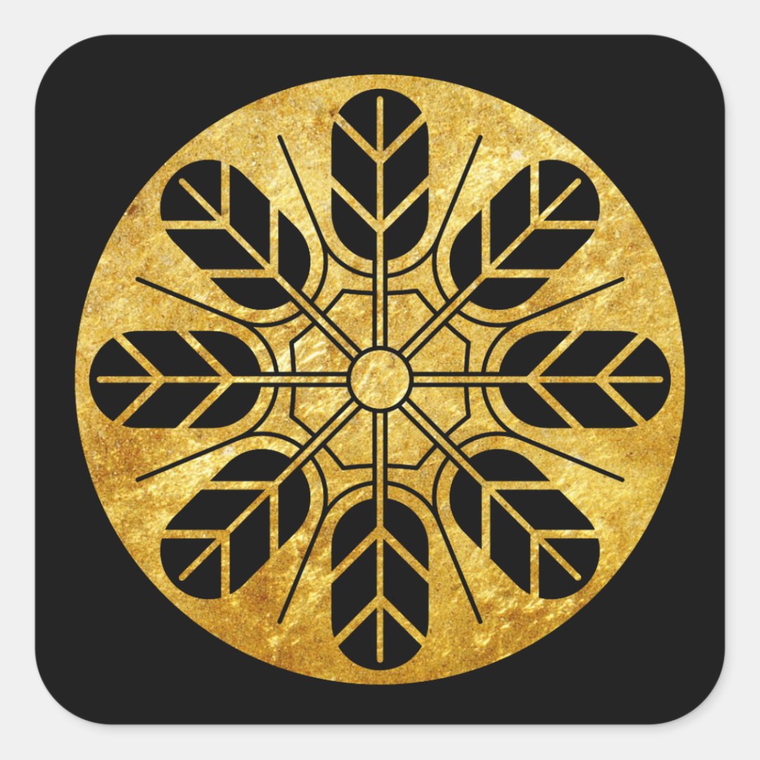 Inoue clan kamon in faux gold on black square sticker | Zazzle